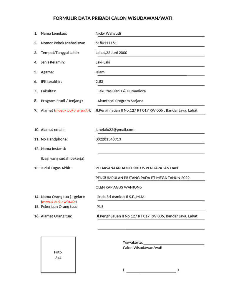 Formulir Data Pribadi Calon Wisudawan 2023 | PDF