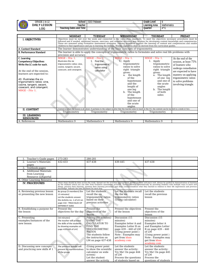 Grade 9 Trigonometry Lesson Plan | PDF | Trigonometric Functions ...