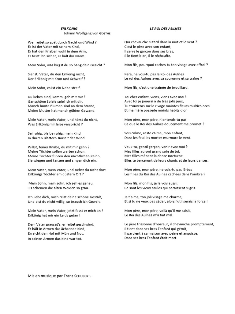 Erlkönig : Poème de Goethe et Traduction | PDF | Histoires ...