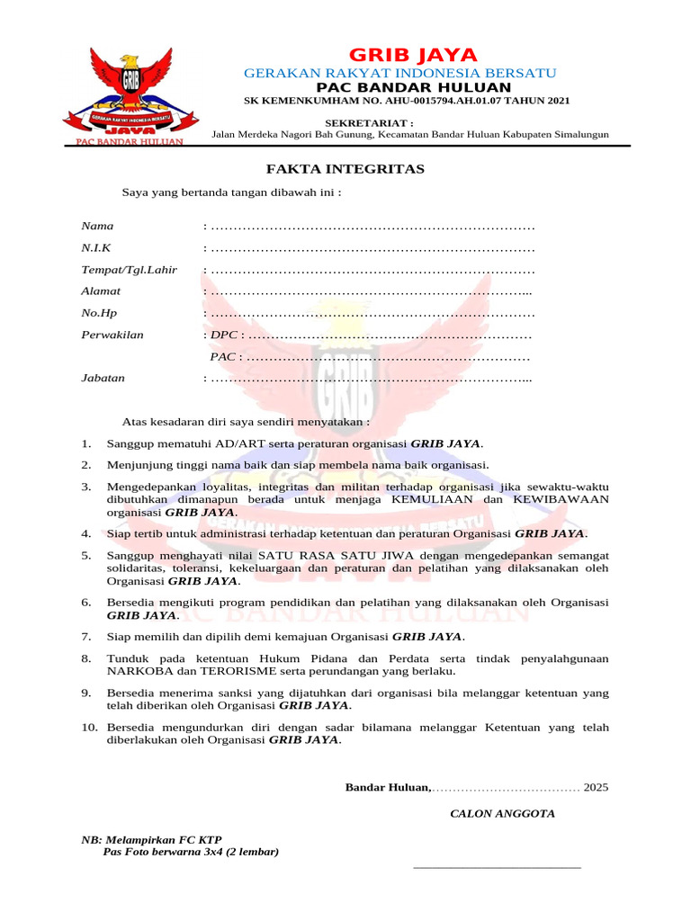 Kop Surat Untuk Fakta Integritas (Formulir Pendaftaran Anggota Grib) | PDF