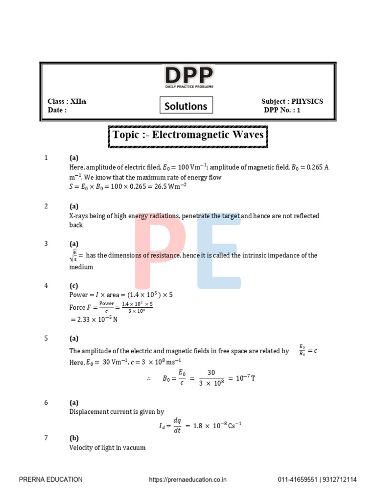 Electromagnetic Waves DPP1 SOLUTION | PDF | Waves | Electromagnetic Radiation