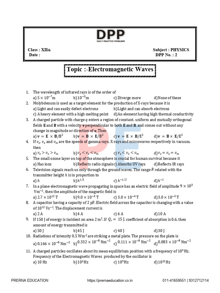 Physics DPP: Electromagnetic Waves Quiz | PDF | Light | Waves