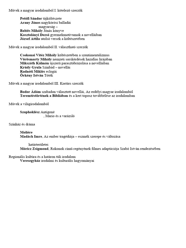 ! 12.-Év Irodalom Érettségi Szóbeli Tételek | PDF