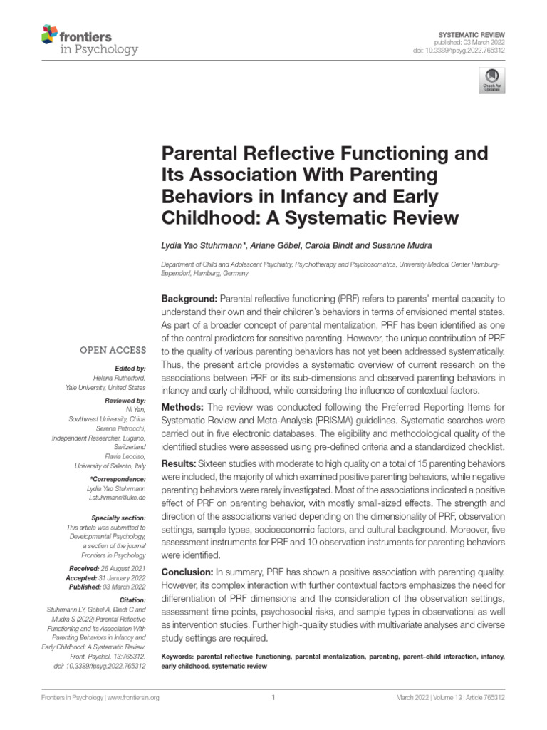 Parental Reflective Functioning and Its Association With Parenting Behaviors in Infancy and ...