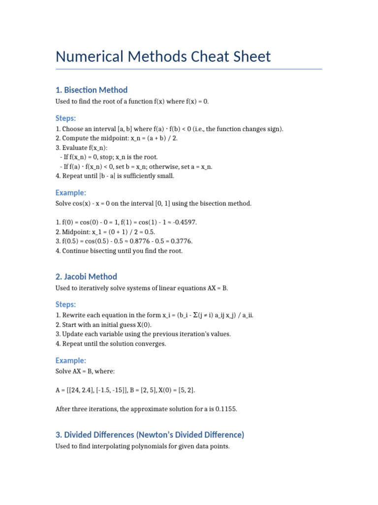 Numerical Methods Cheat Sheet | PDF | Applied Mathematics ...