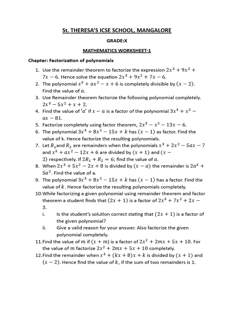 Math Worksheet-1 Factorization of Polynomials and Ect | PDF