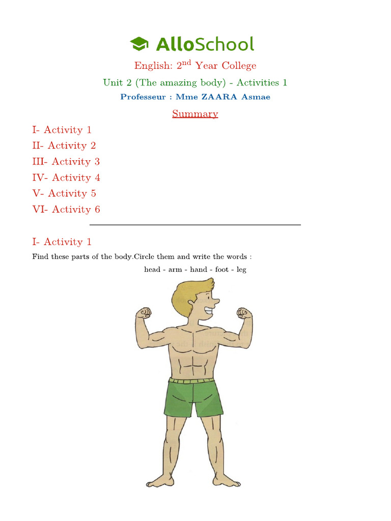 Unit 2 The Amazing Body Activities 1 2 | PDF