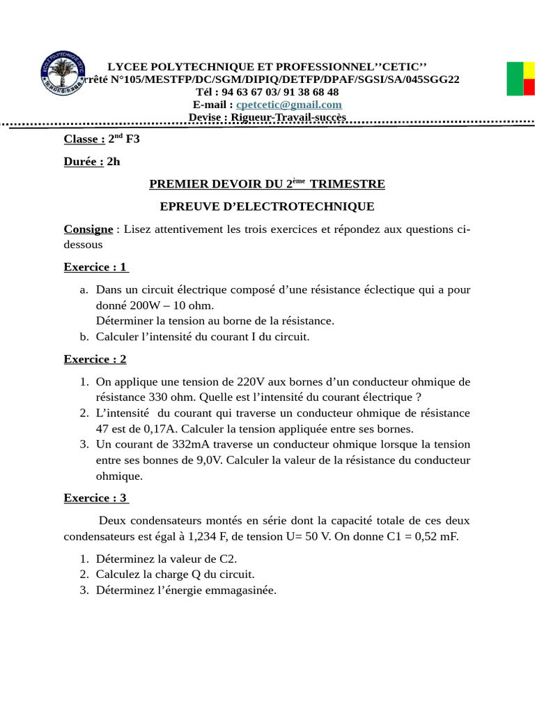 Devoir d'électrotechnique 2nd F3 | PDF