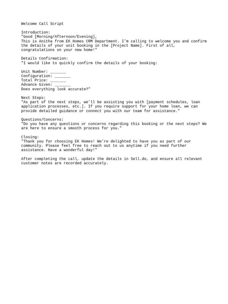 Welcome Call Script | PDF