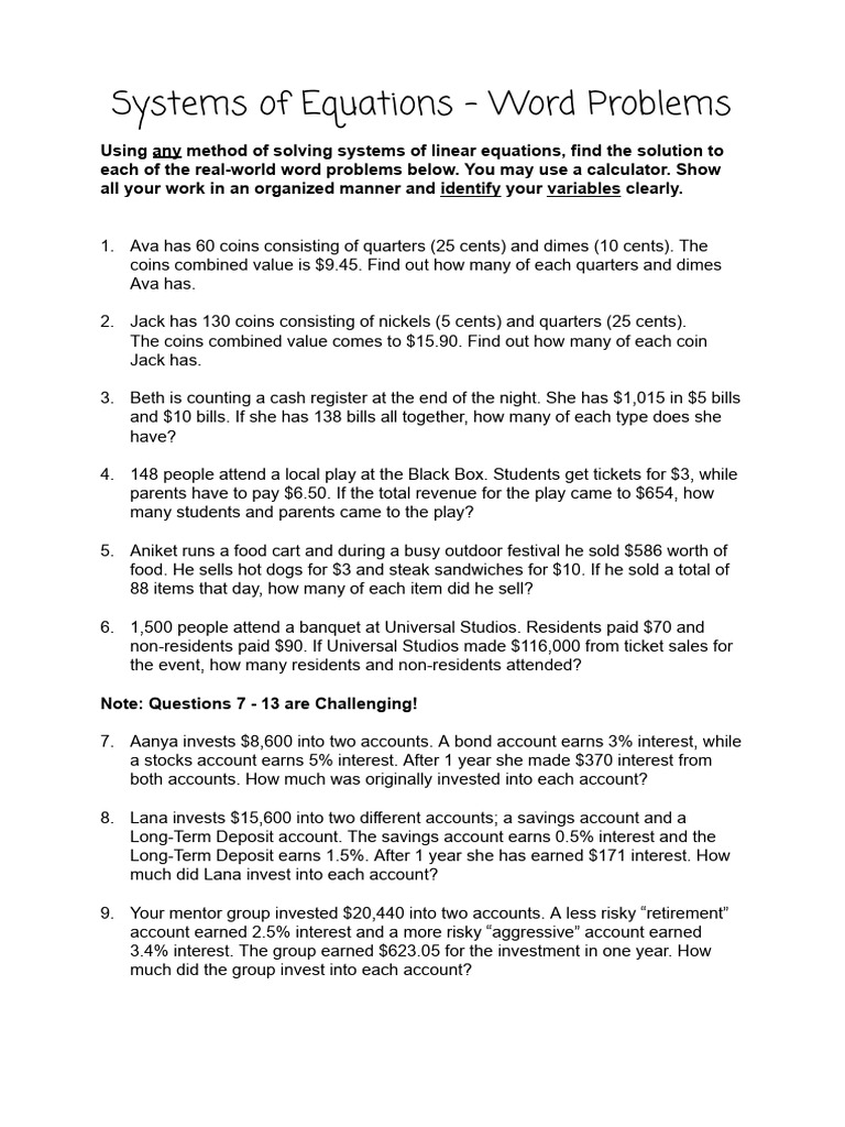 Real-World Systems of Equations Problems | PDF | Speed