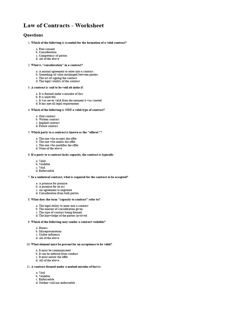 Law of Contracts - Worksheet: Questions | PDF | Offer And Acceptance ...