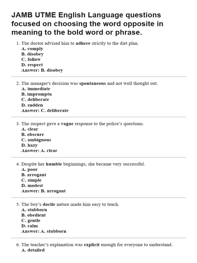 JAMB English Lexis and Structure Questions | PDF | Idiom | Grammatical ...