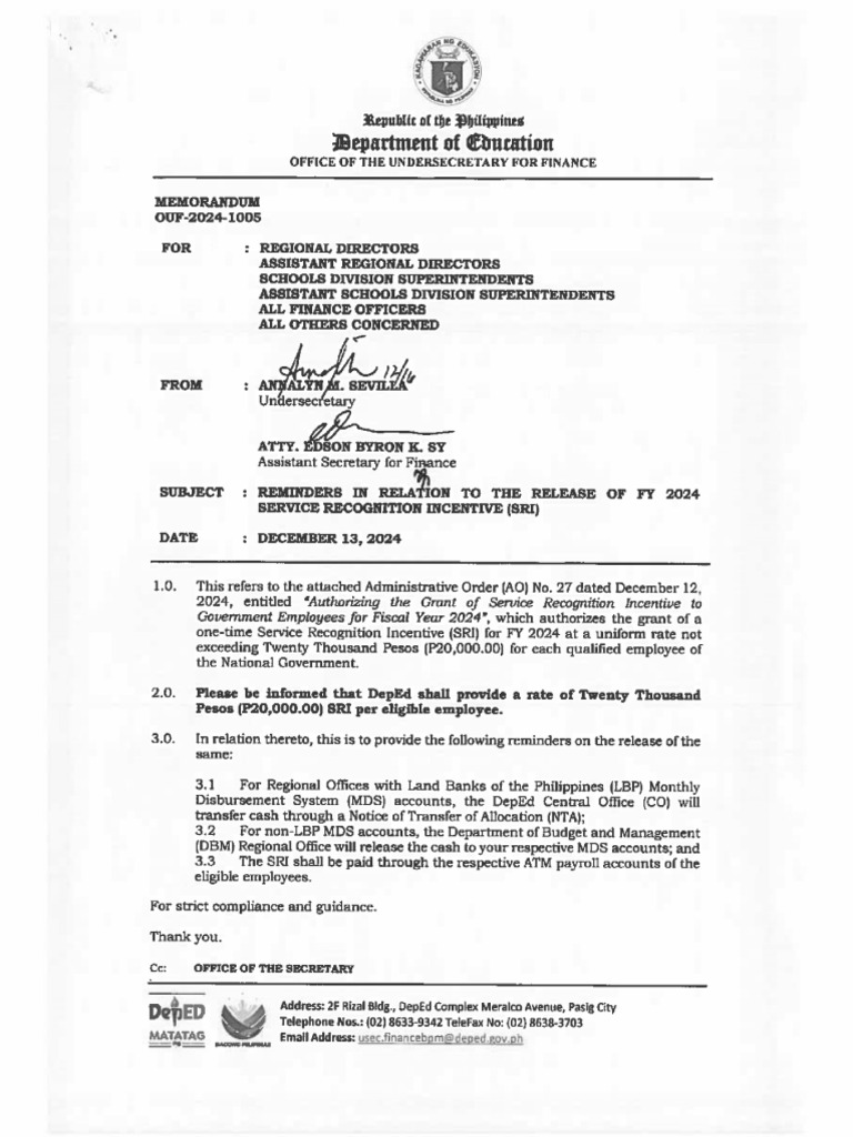 Payment of SRI Other PS Requirements FY 2024 RO IX | PDF