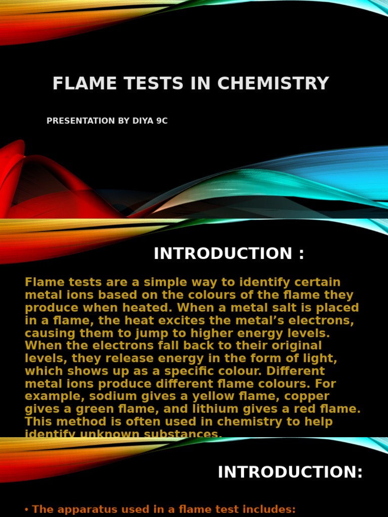 Flame Tests in Chemistry: Presentation by Diya 9C | PDF