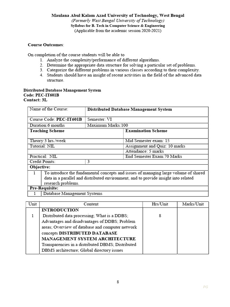 Distributed Database Management System (PEC-IT601B) | PDF | Databases | Database Transaction