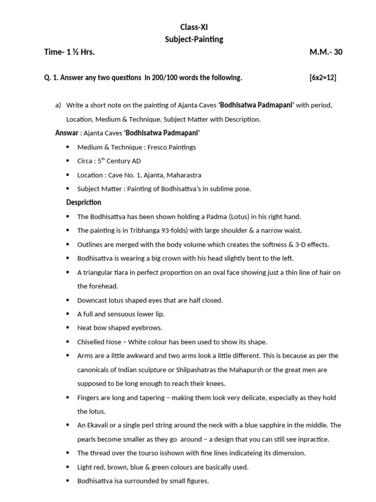 Painting Class-XI - Annual Exam With Answar | PDF