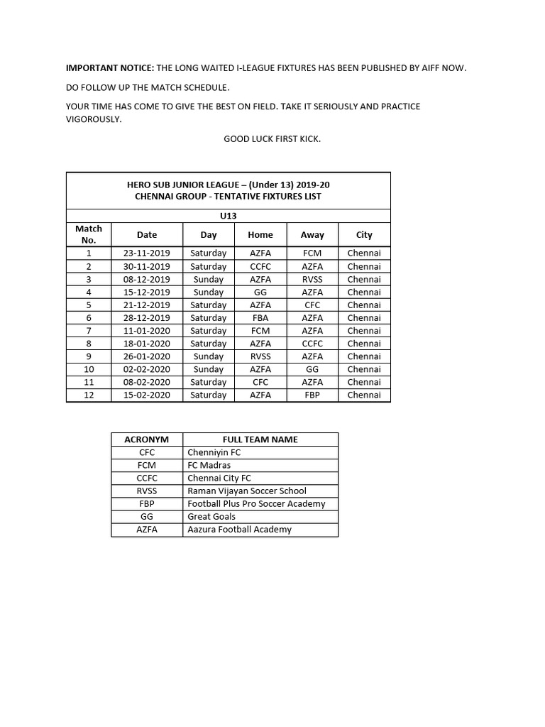 U13 I League Fixtures 2019-2020 | PDF