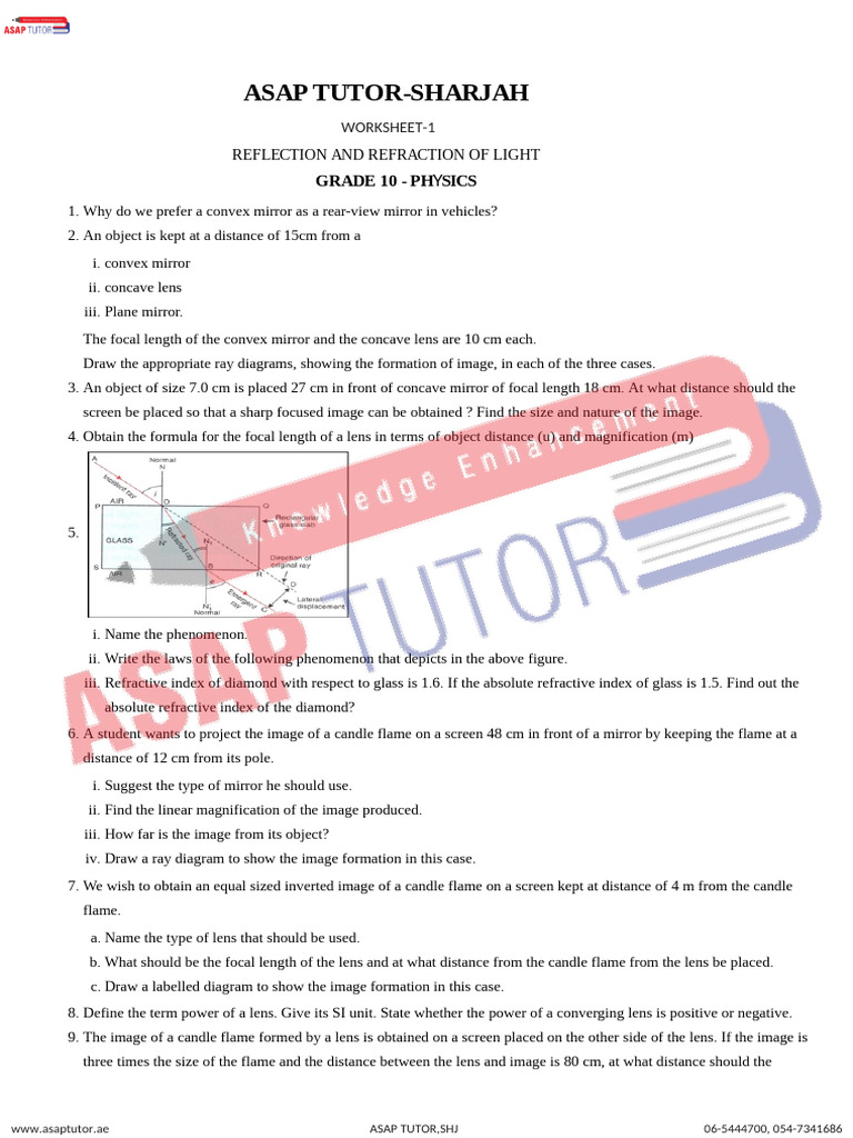 Reflection and Refraction of Light-Worksheet-1-1 | PDF | Mirror | Glass ...