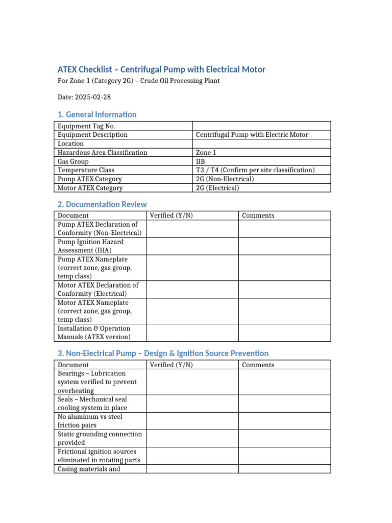 ATEX_Pump_Motor_Checklist | PDF | Bearing (Mechanical) | Pump