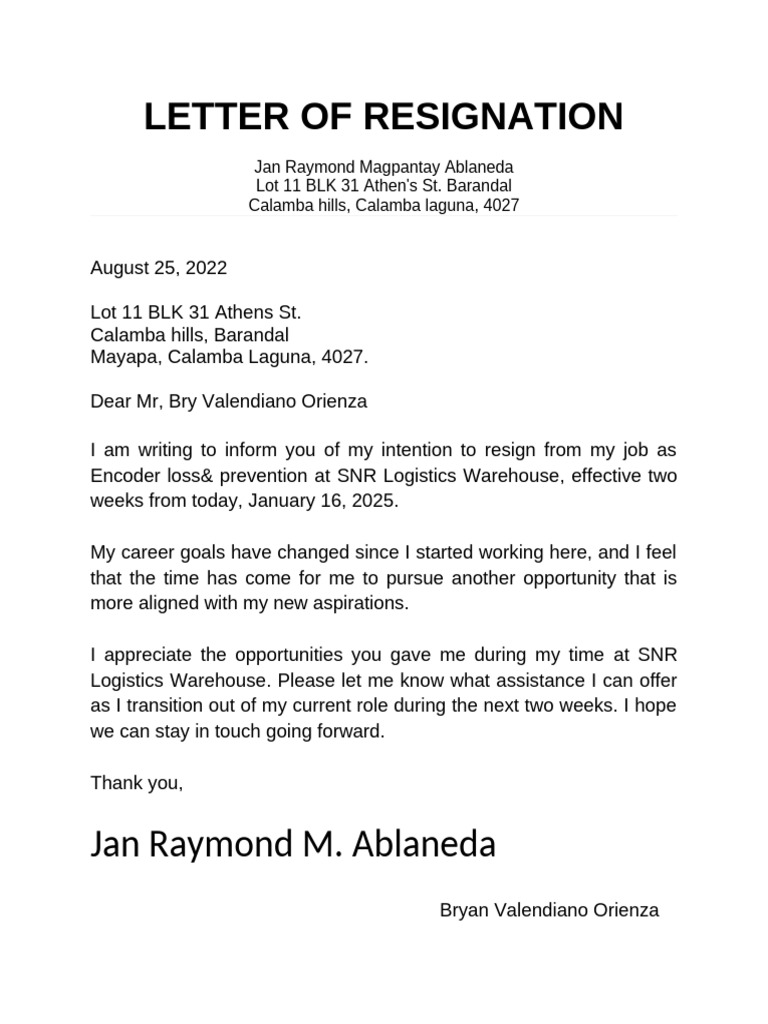 Resignation Letter from Warehouse Employee | PDF