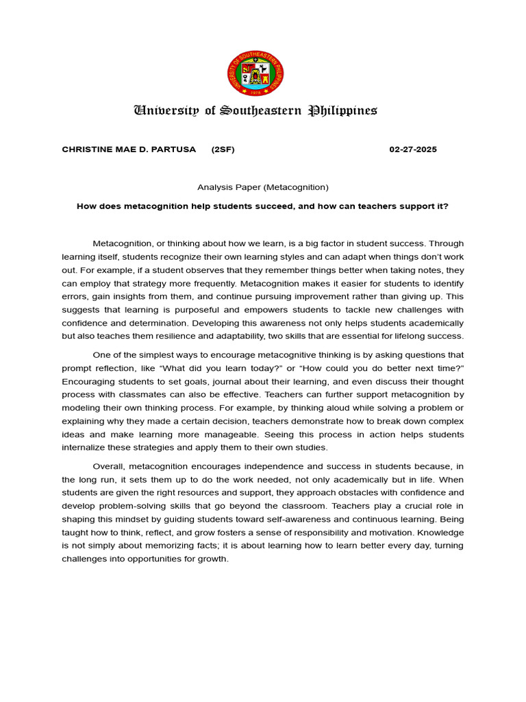 PARTUSA - Analysis Paper Metacognition | PDF | Metacognition | Learning