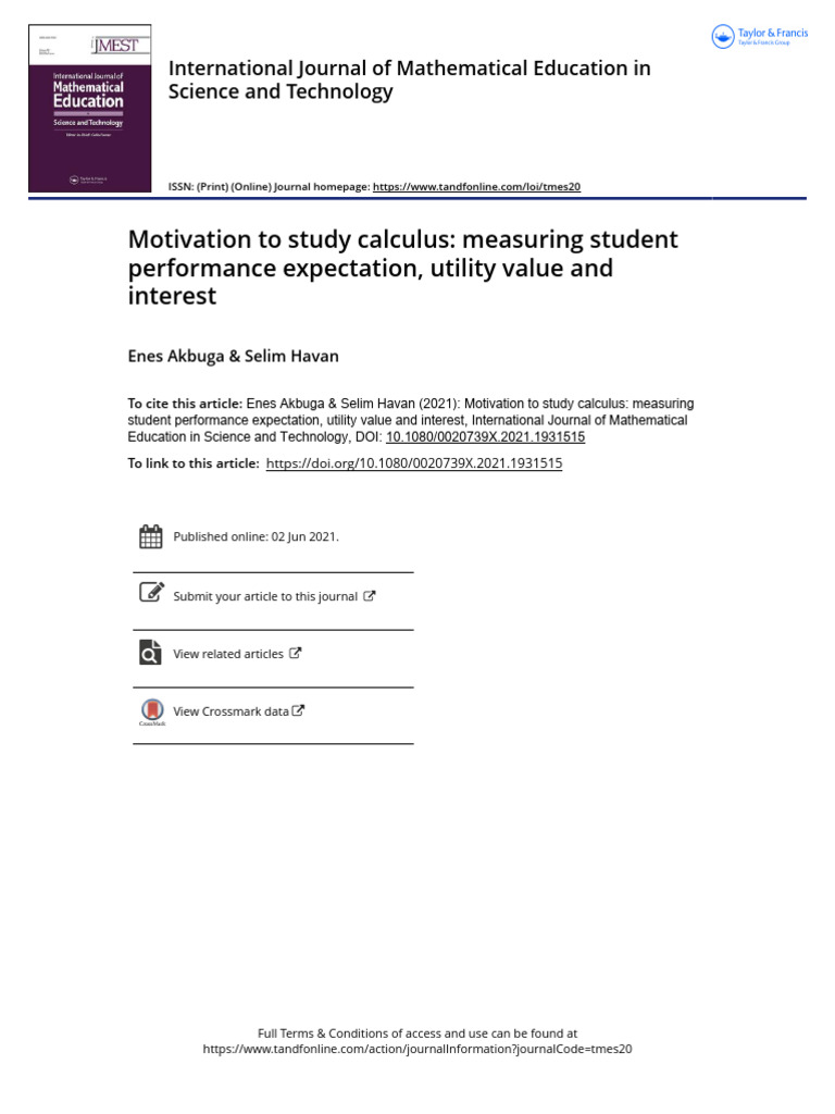 Motivation To Study Calculus: Measuring Student Performance Expectation, Utility Value and ...