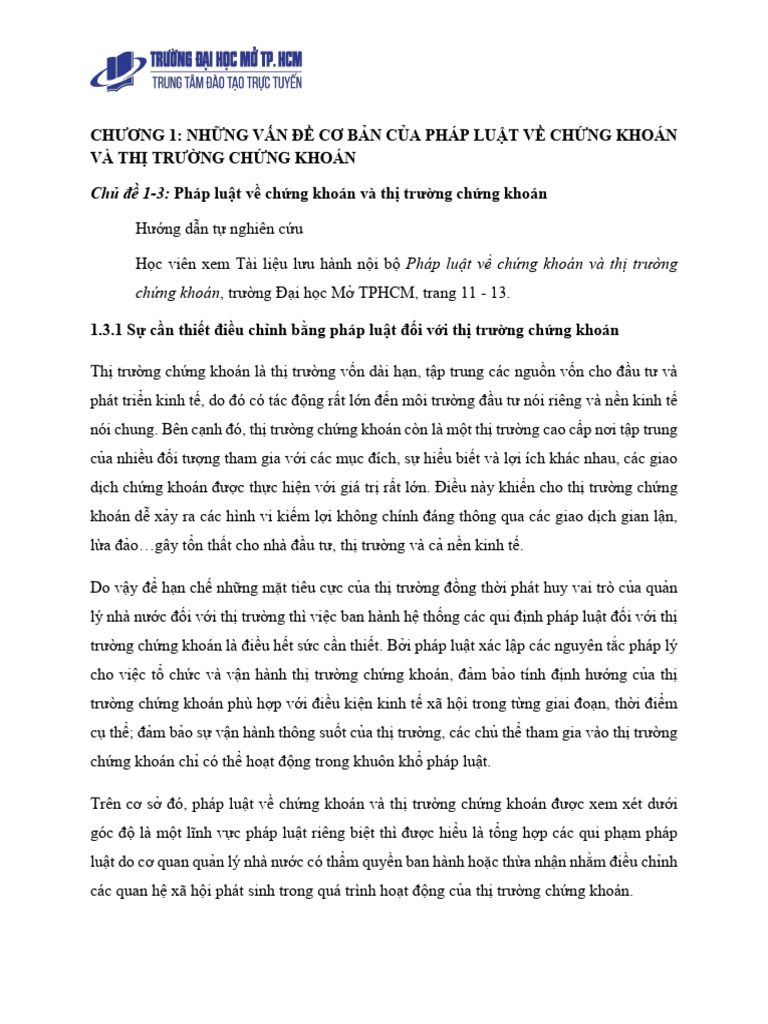 PLCKTTCK C1 CD1.3 Phapluatvethitruongchungkhoan 2021 | PDF