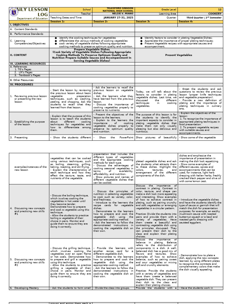 Cookery Lesson Plan: Vegetable Dishes | PDF | Cooking | Vegetables