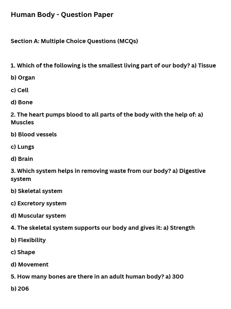 Human Body - Question Paper | PDF