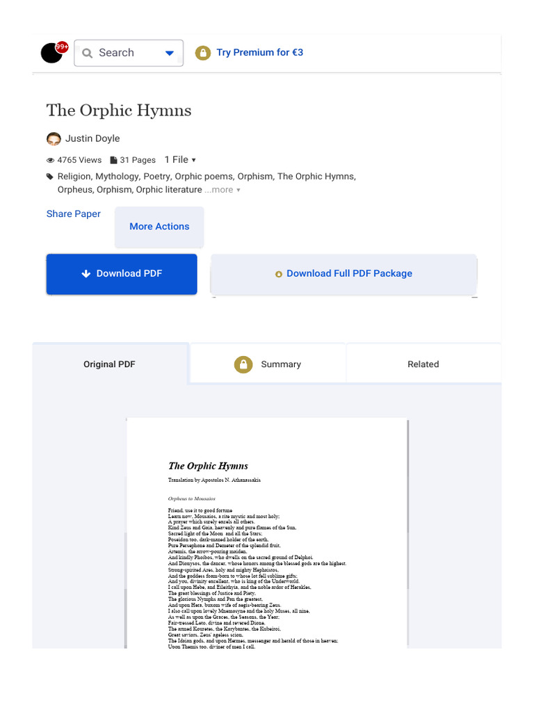 (99+) the Orphic Hymns | Justin Doyle - Academia.edu | PDF | Zeus | Orpheus