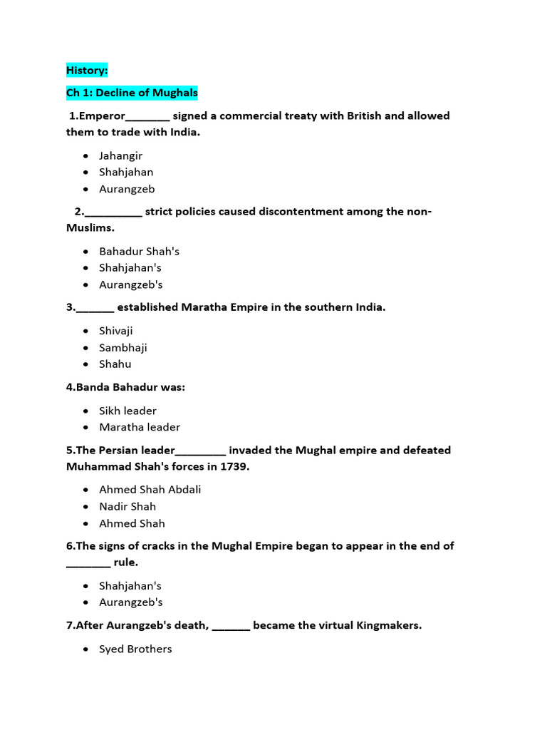 History Decline of Mughals Questions | PDF | Mughal Empire