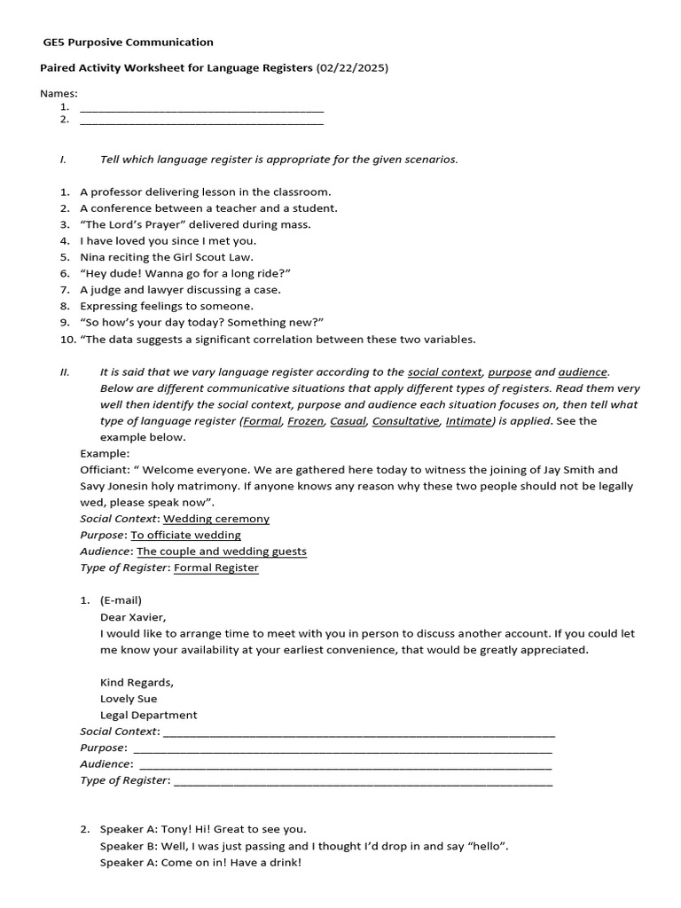 Activity Worksheet For Language Registers | PDF