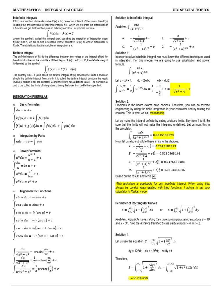 UIC - INTEGRAL CALCULUS - 2017 Key | PDF | Integral | Function (Mathematics)