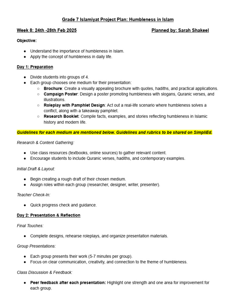 Grade 7 Islamiyat Project Plan 2025 - Humbleness in Islam | PDF | Quran ...