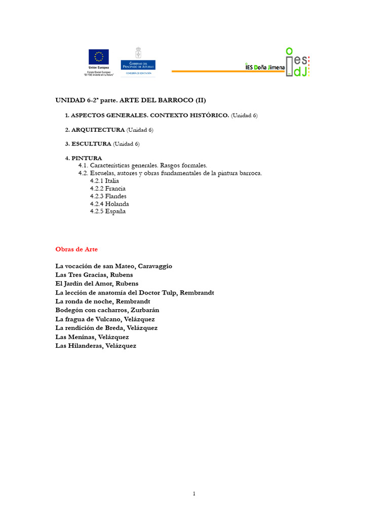 6-2 Parte. Arte Barroco (II) 2024-2025 | PDF | Barroco | Pinturas