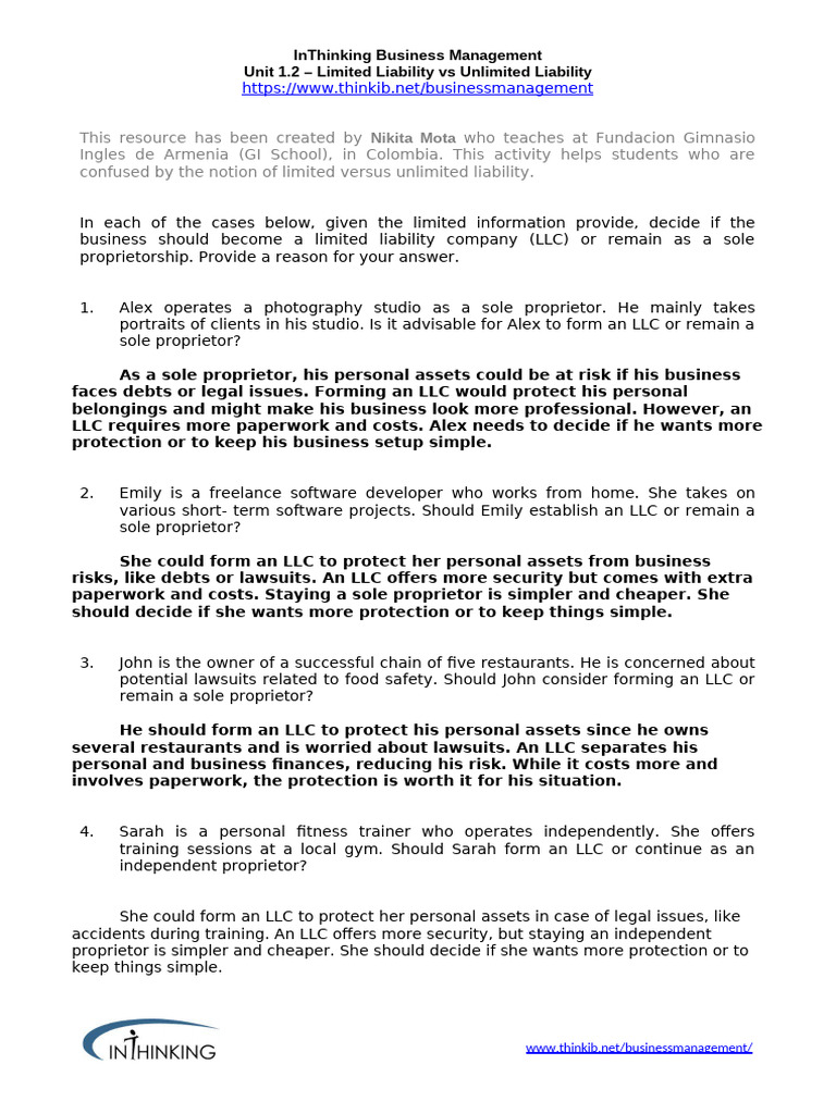 1.2 Limited Vs Unlimited Liability Worksheet | PDF | Legal Liability | Limited Liability Partnership