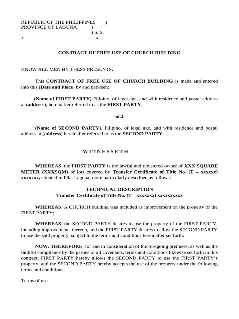 Free Use Contract for Church Building | PDF | Civil Law (Legal System ...