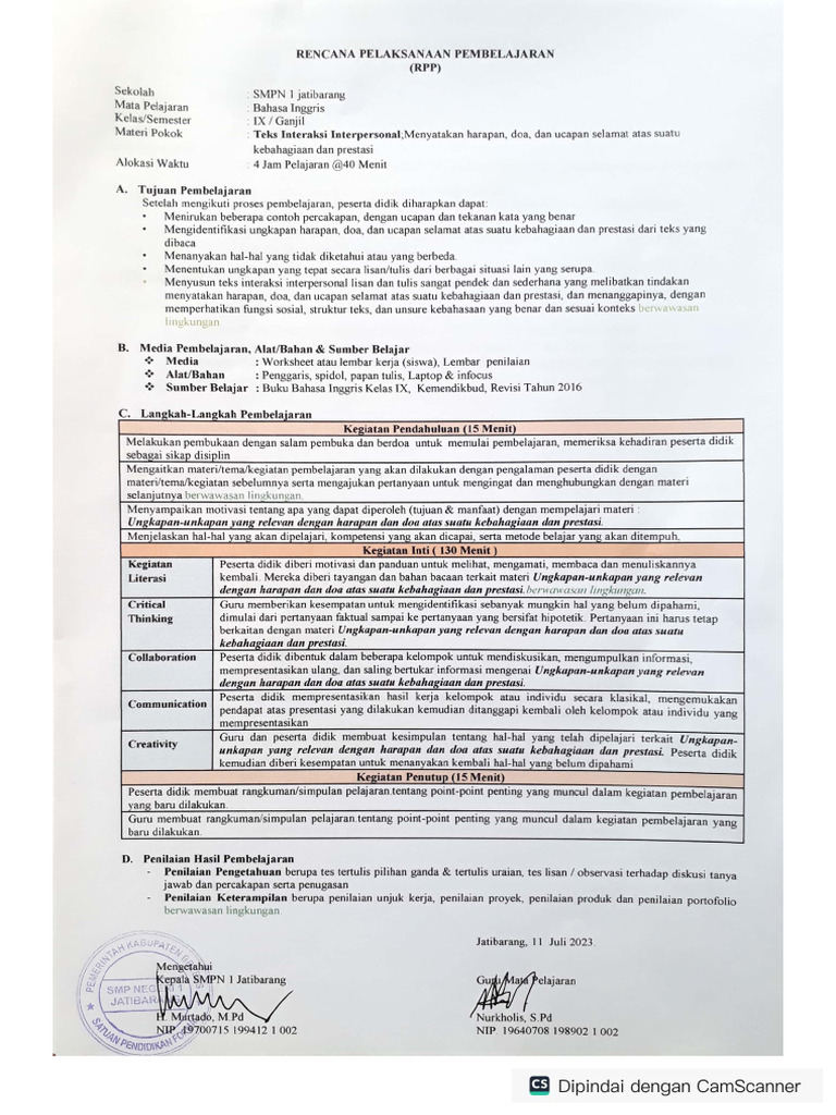 RPP Kelas 9 Semester 1 Mapel B Inggris | PDF