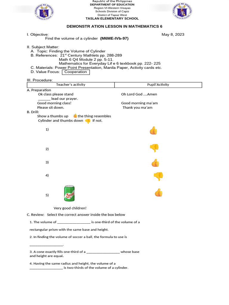 Volume of Cylinder Lesson Plan | PDF | Volume | Geometric Objects