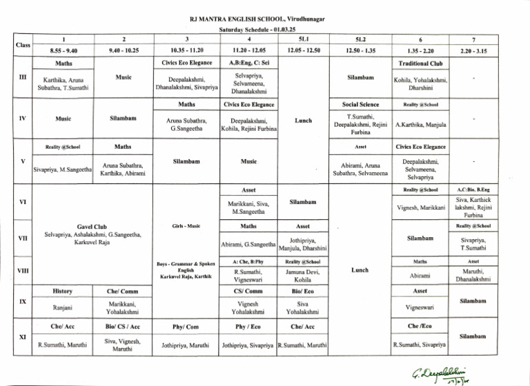 Saturday Class Schedule for RJ Mantra School | PDF