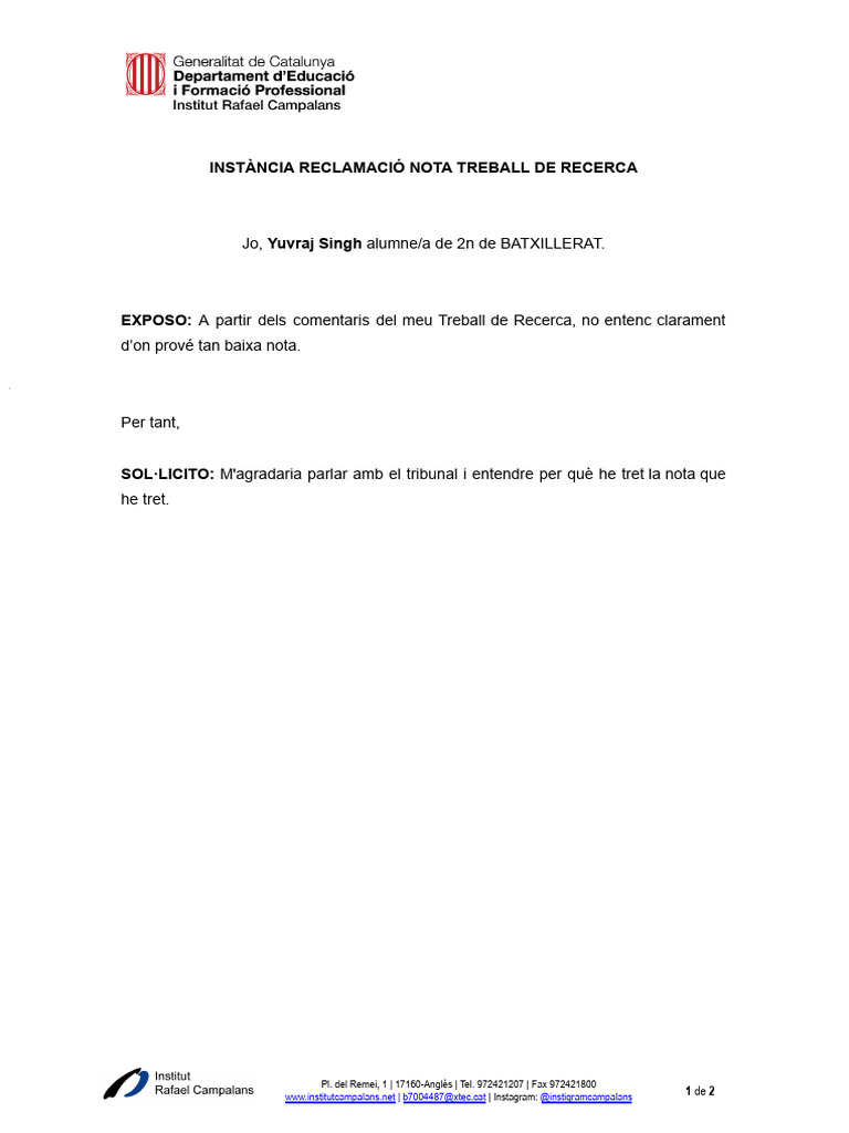 Instància Reclamacions TDR - Yuvraj Singh | PDF