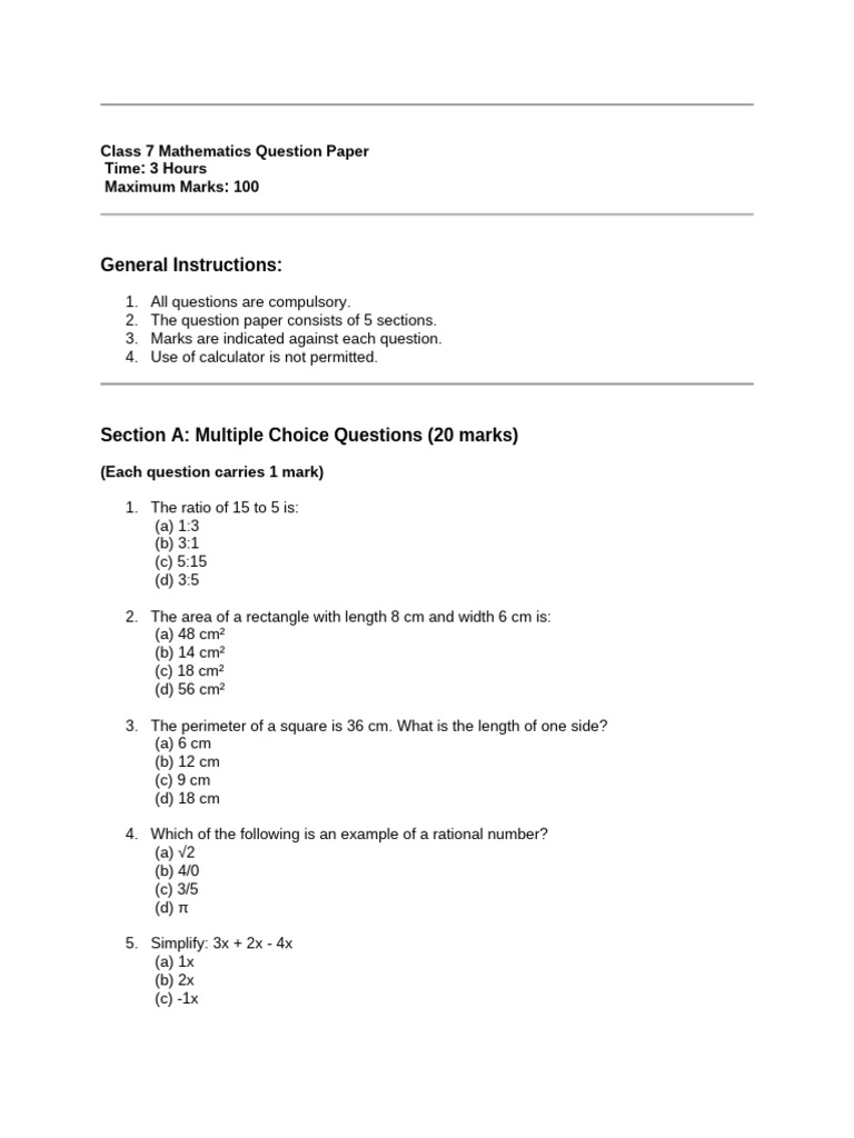 Class 7 Math Exam Paper | PDF | Area | Length