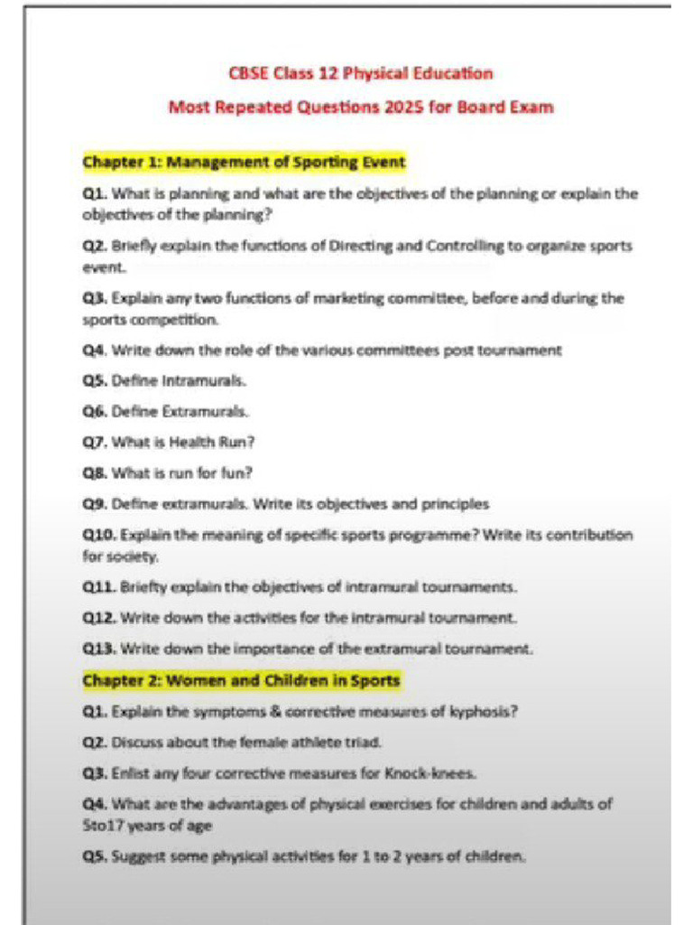 Physical Edu Class 12 Important Quen 2025 | PDF