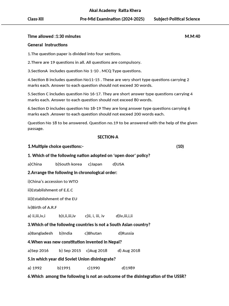 Class 12 Political Science Sample Paper | PDF | Soviet Union | World ...