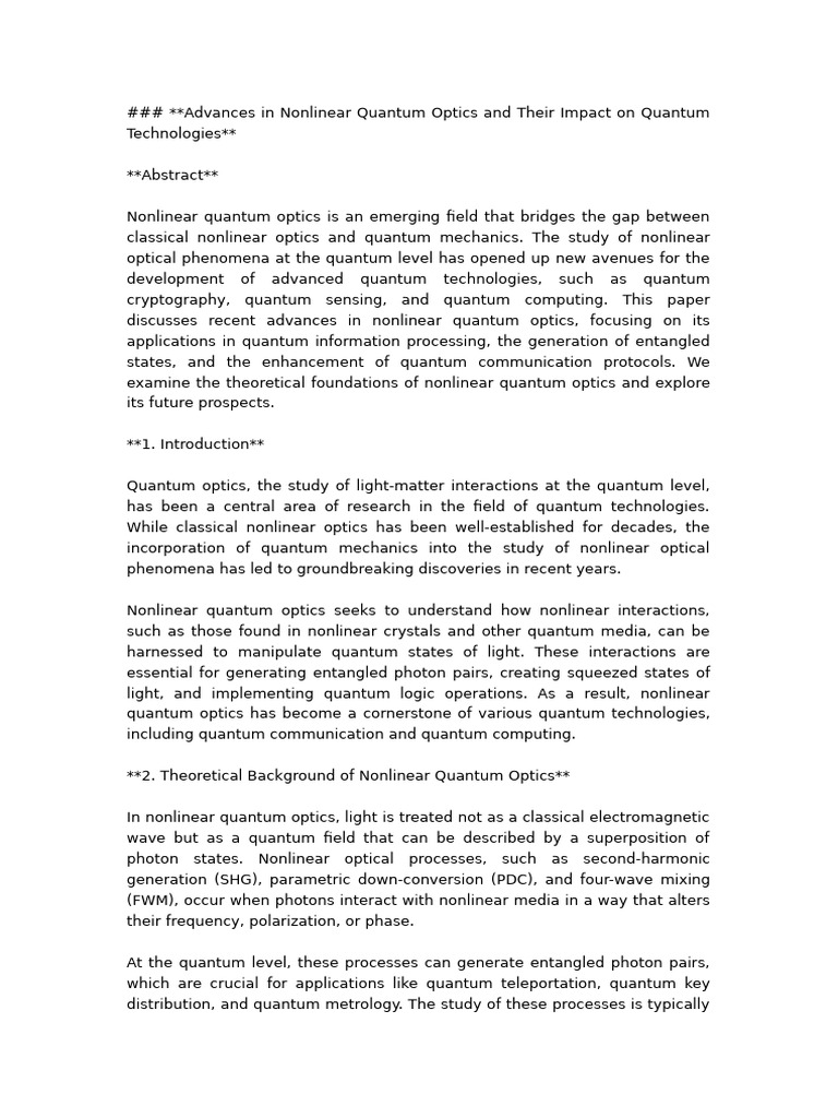 Advances in Nonlinear Quantum Optics and Their Impact On Quantum ...
