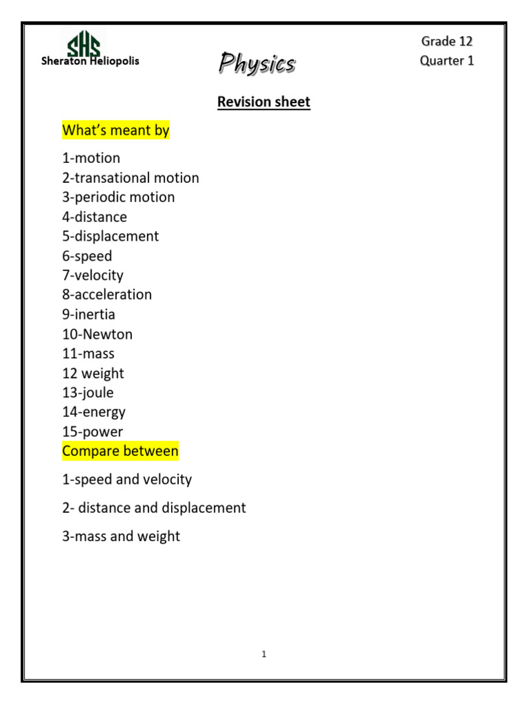Revision Sheet: Sheraton Heliopolis | PDF | Force | Acceleration