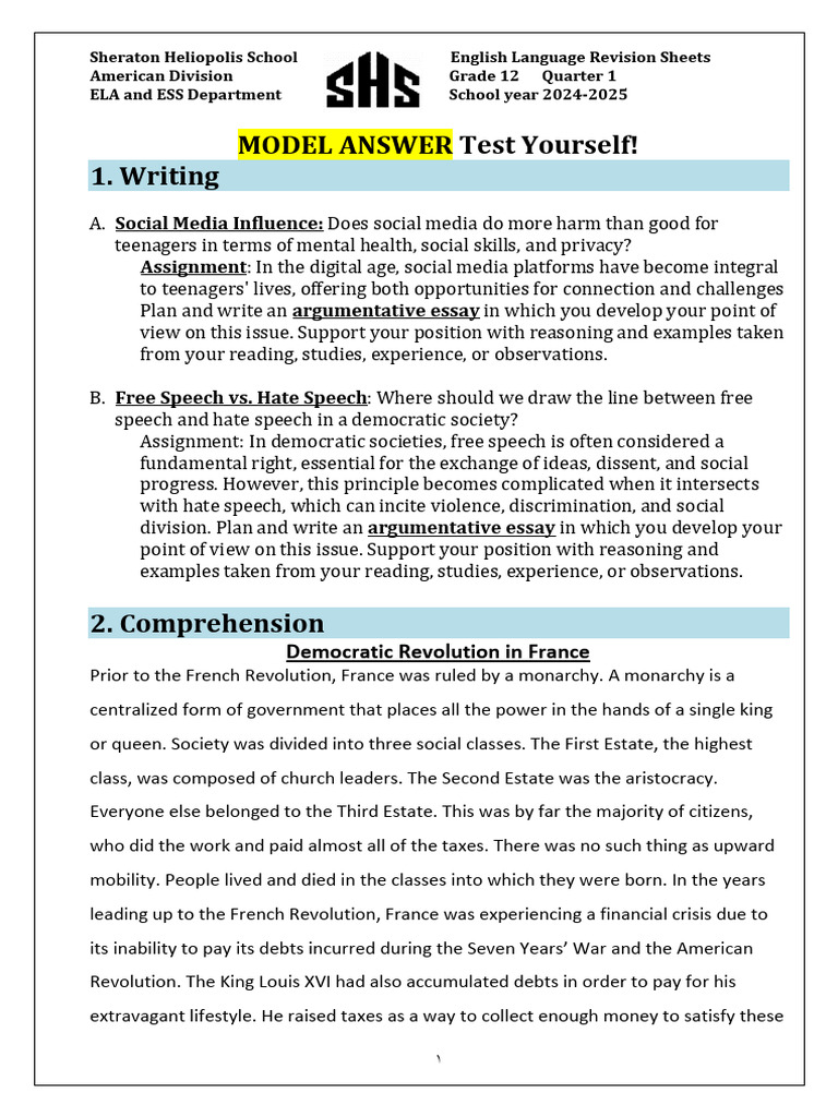 MODEL ANSWER Test Yourself! 1. Writing: Social Media Influence ...