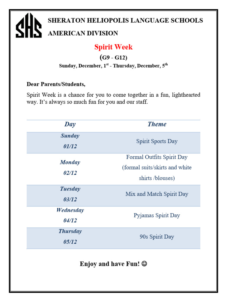 Spirit Week Themes for December 2023 | PDF
