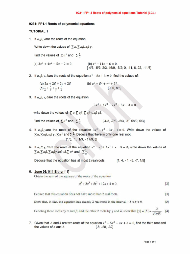 9231 FP1.1 Roots of Polynomial Equations Tutorials | PDF