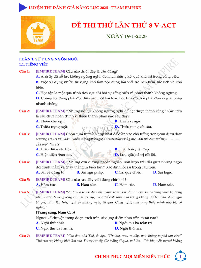 De Thi Thu Lan Thu 8 Vact 19-1 | PDF